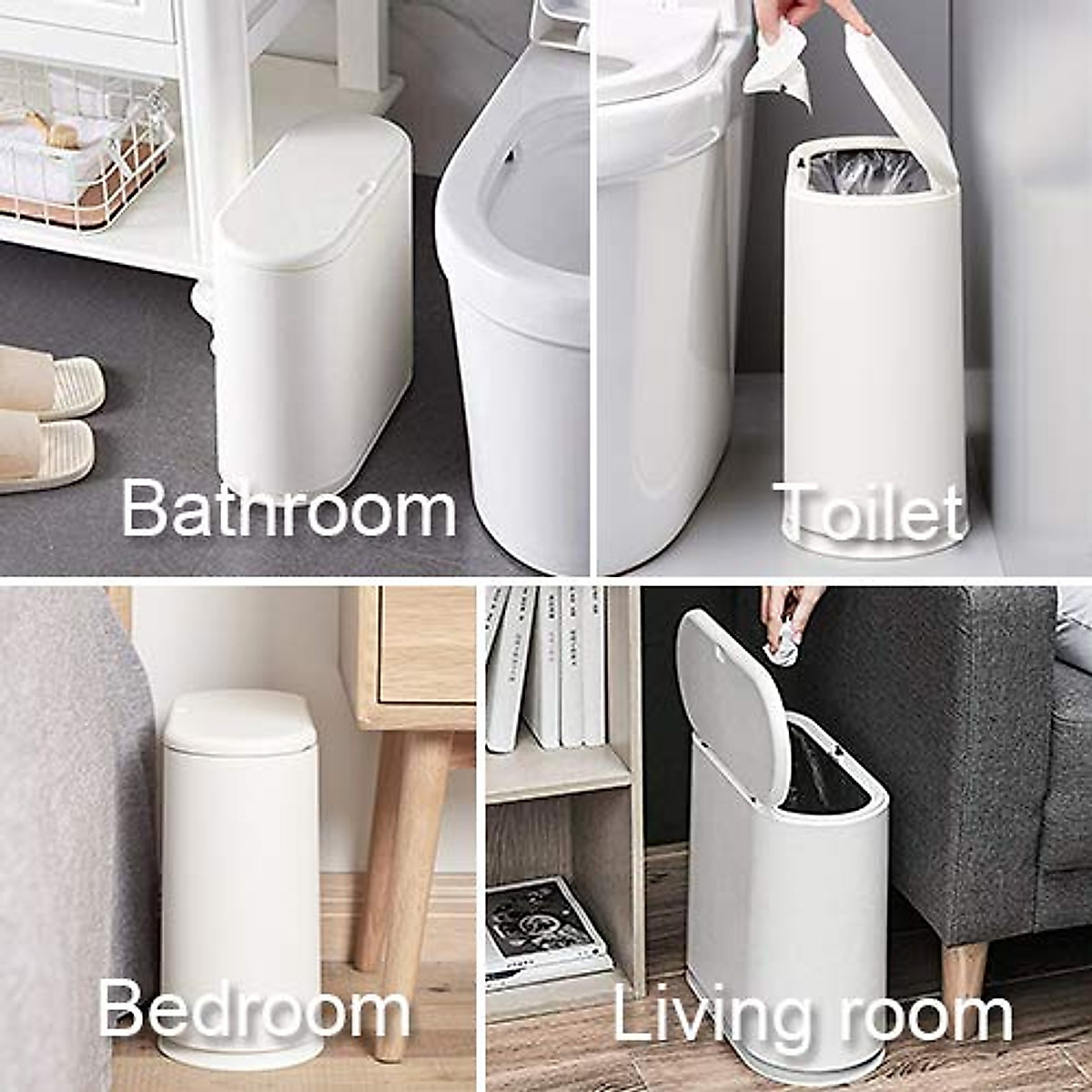 AIFUSI Trash Can, 10 Liter / 2.4 Gallon Plastic Slim Garbage Container Bin with Press Top Lid, White Waste Basket for Kitchen, Bathroom, Living Room, Office, Narrow Place(Ivory White