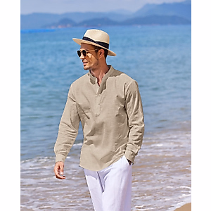 COOFANDY Men's Cotton Linen Henley T-Shirts Long Sleeve Hippie Casual Beach T-Shirts