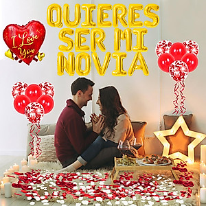 QUIERES SER MI NOVIA BALLOONS - 16" Inch Alphabet Letters Foil Mylar Balloon, Quieres Ser Mi Novia Balloons Spanish with 500 Pcs Artificial Rose for Valentines Anniversary Day Banner Decorations