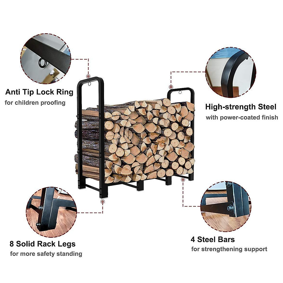 Artibear Firewood Rack Stand 4ft With Log Holder Cover For Outdoor Indoor Fireplace Wood Pile Storage Stacker Organizer