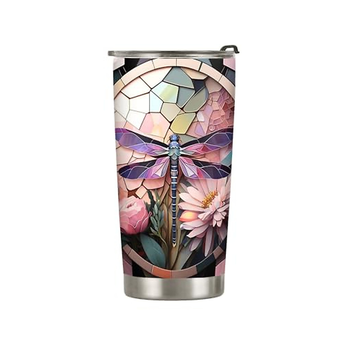 ORCAE 20oz Pink Crystal Stained Glass Flower Dragonfly Tumbler, Gifts for Dragonfly Lovers, Coffee Thermos for Women, Stainless Steel Double Wall Vacuum Insulated Coffee Mug, Travel Cup with Lid - E