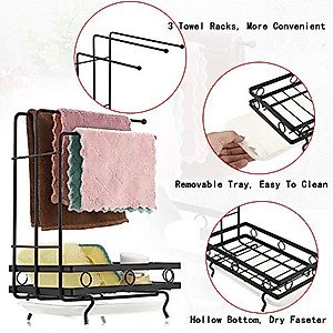 JUXYES Kitchen Sink Caddy Sponge Holder with Dishcloth Drying Rack, Kitchen Rag Stand Sponge Brush Soap Dish Dishcloth Rack Sink Storage Organizer for Kitchen Countertop (Black)