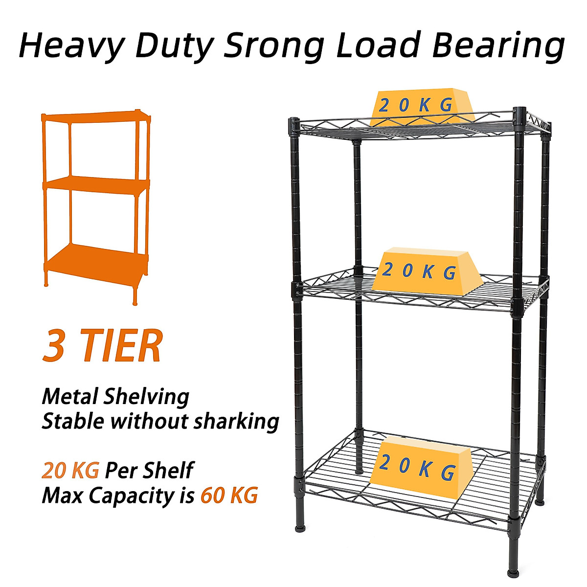 YL traV 3 Tier Kitchen shelves,Wire Shelving, Shelving Units and Storage Rack, Fixed Layer Spacing Storage Metal Large Capacity 17.3" L x 11.4" W x 31" H for Pantry Closet Kitchen Laundry Black