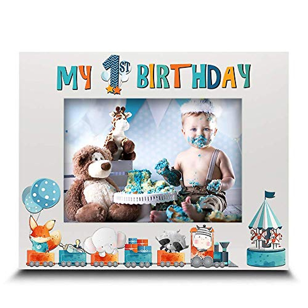 BELLA BUSTA-My 1st Birthday-Baby Boy, Baby Girl First Birthday-UV Print Gloss White Picture Frame (Boy, 5x7 Horizontal)