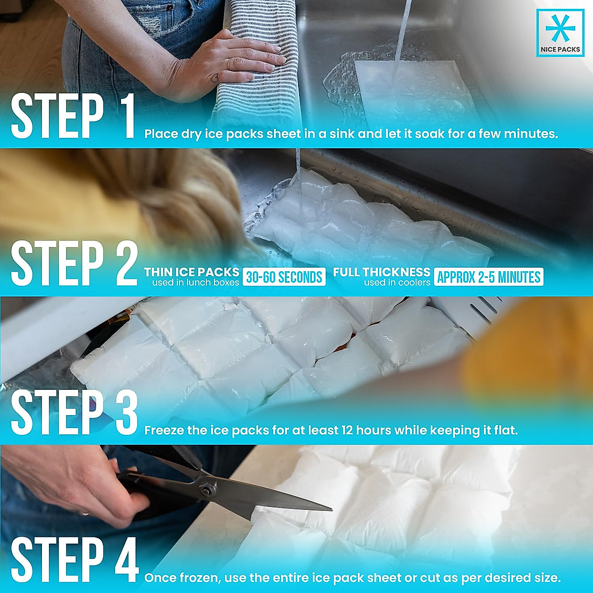 Nice Packs Dry Ice for Coolers – Lunch Box Ice Packs – Dry Ice for Shipping Frozen Food – Ice Packs for Kids Lunch Bags – Reusable Ice Packs – Long Lasting - Flexible