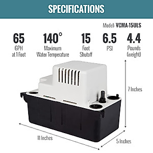 Little Giant VCMA-15ULS 115 Volt, 65 GPH, 1/50 HP Automatic Condensate Removal Pump with Safety Switch, White/Black, 554405