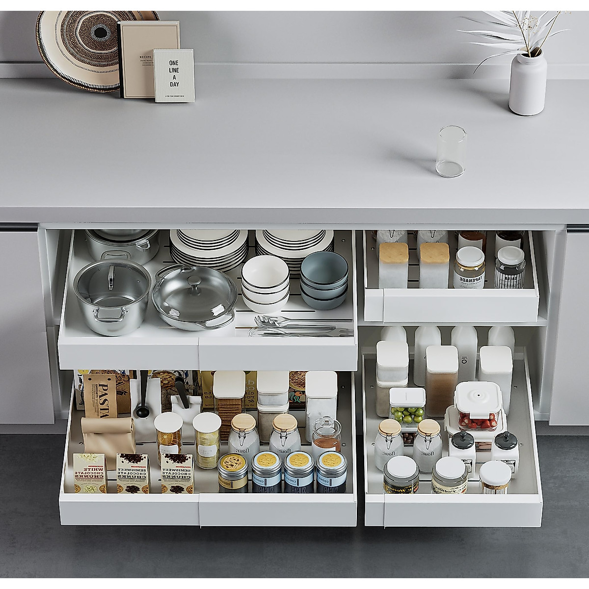 2Pack Expandable Pull Out Cabinet Organizer 21" Deep, Peel And Stick Slide Out Drawers for Kitchen Cabinet, Cabinet Pull Out Shelves, Roll Out Drawers Adjustable Width 12"-20.45" White