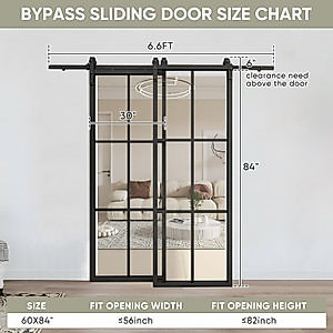 JUBEST Bypass Double Glass Barn Door 60 x 84 in with 6.6FT Side-Mounted Hardware Kit, 2 Sets of 30x84 in Clear Tempered Glass Aluminum Frame Barn Door for(Fit Max Opening 55 3/8"), Easy Assembly