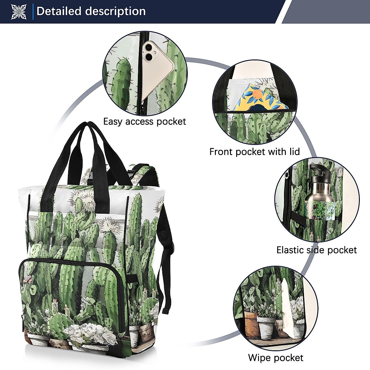 xigua Cactus Plants Flowers Diaper Bag Backpack Multi Function Baby Changing Bags Waterproof Large Capacity Travel Back Pack for Mom Dad