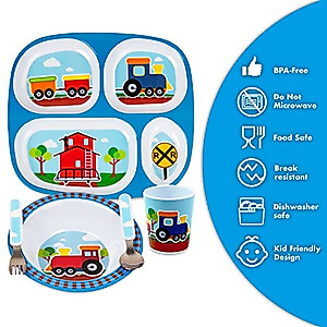 5 Pc Mealtime Set for Kids & Toddlers, Train Theme-Includes Divided Plate, Bowl, Fork & Spoon - Dishwasher Safe, Durable, BPA Free-Cute Compartment Dish to Put Food in 4 Sections for Easy Self-Feeding