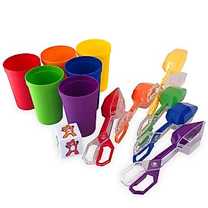 Skoolzy Fine Motor Skills Toys - Color Sorting Toys for Toddlers Tools Set - Sensory Bin Rainbow Cups, Dice and Scoop Tongs for Kids Montessori Materials Ages 3+