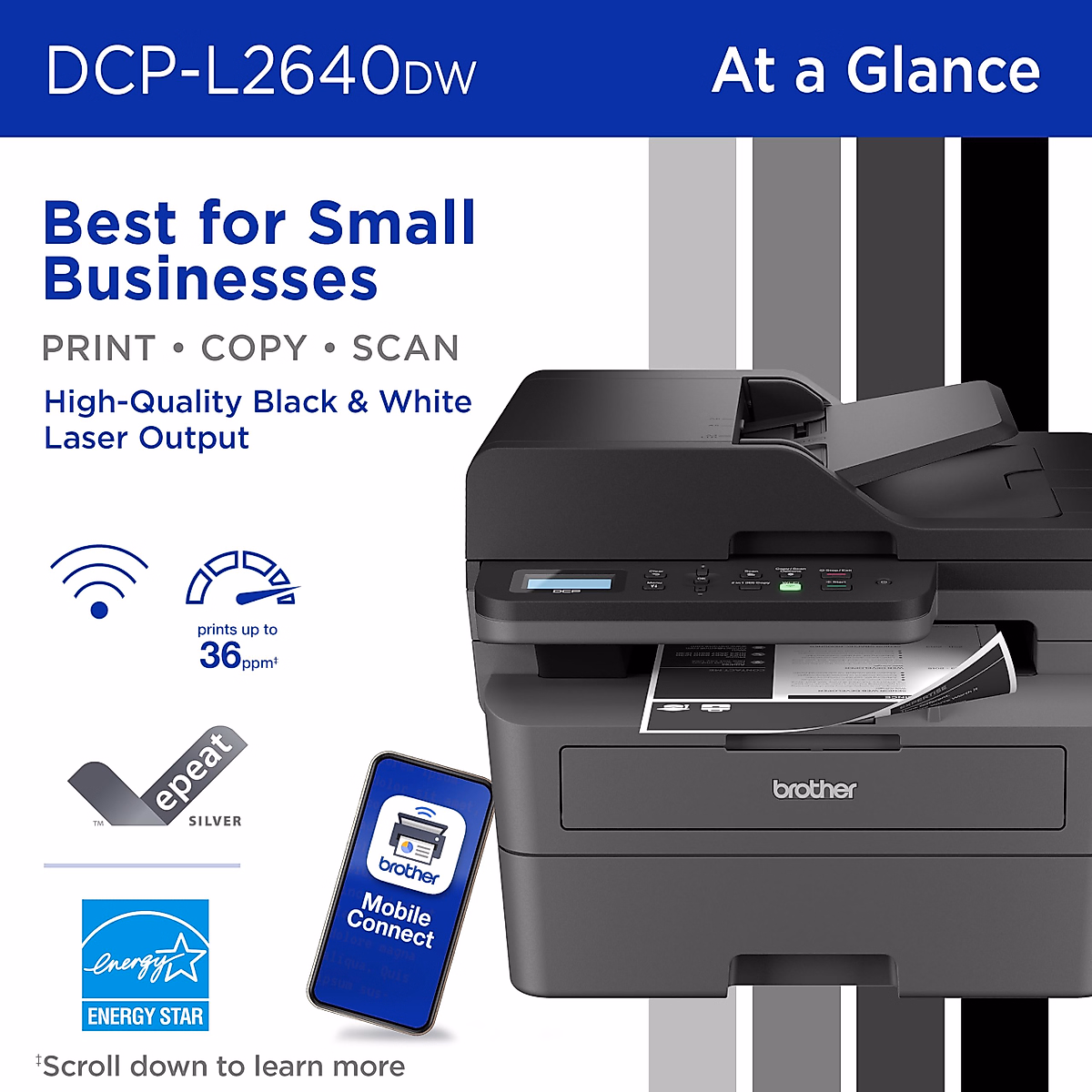 Brother DCP-L2640DW Wireless Compact Monochrome Multi-Function Laser Printer with Copy and Scan, Duplex, Mobile, Black & White | Includes Refresh Subscription Trial(1), Amazon Dash Replenishment Ready
