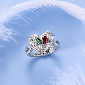 AILIN Custom Heart Angel Wings Two Birthstone Rings 925 Sterling Silver Personalized Inside Engraved Promise Rings Wedding Engagement Jewelry Gifts For Women Mother Girlfriends Wife