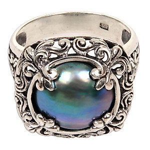 NOVICA Artisan Handmade Cultured Mabe Pearl Cocktail Ring Sterling Silver Floral Motif Blue Indonesia Birthstone [ring Front 0.7 in L x 0.7 in W x 0.4 in H Band Width 4 mm W] ' Blue Lunar'