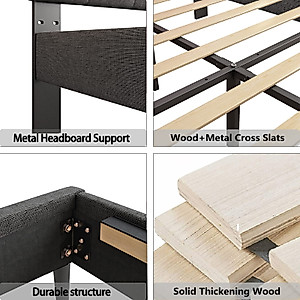 Lijimei Queen Bed Frame with Headboard, Platform Bed with Wood Slats Support and Tufted Stitched Upholstered Headboard, Mattress Foundation, No Box Spring Needed, Easy Assembly, Noise Free, Dark Gray