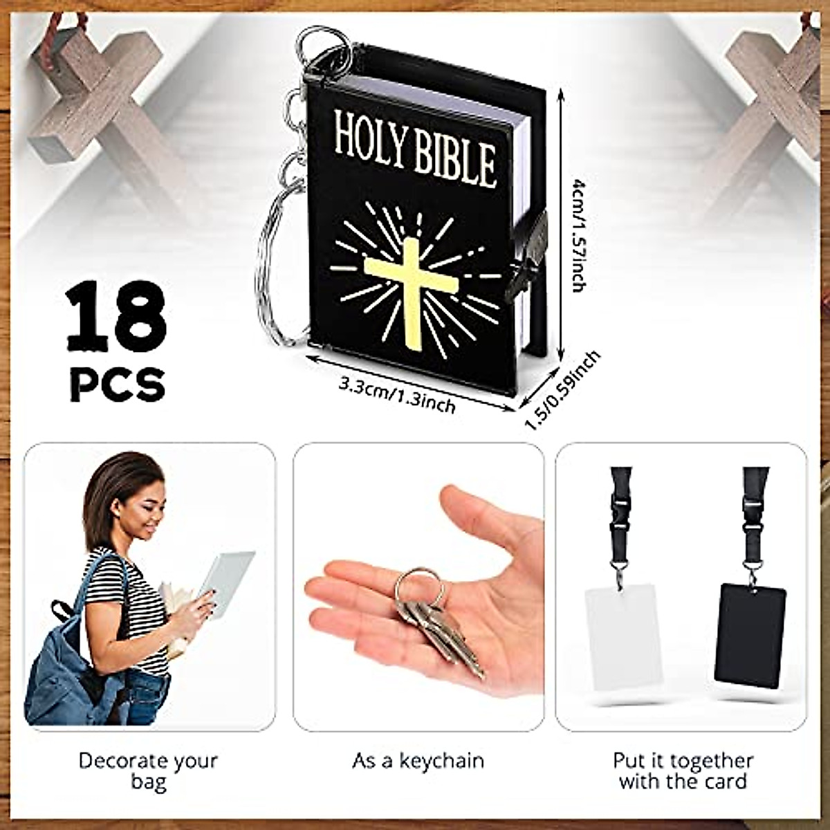 Hicarer 18 Pieces Mini Bible Keychain Miniature Holy Bible Pendant Book Keyring (Black)