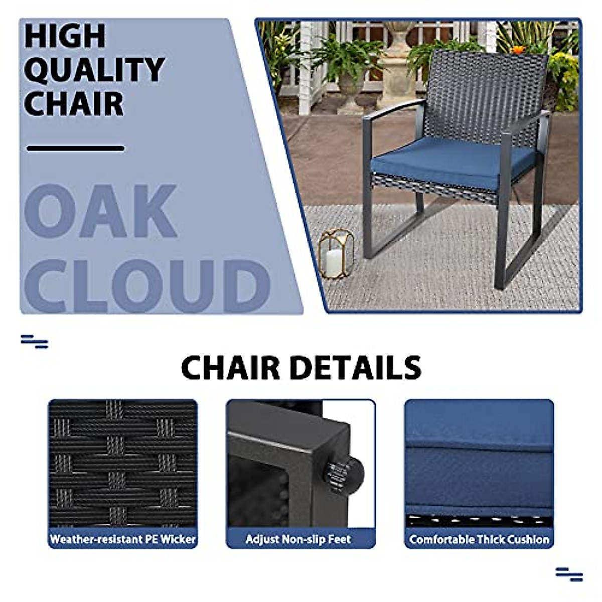 Oakmont 3 Pieces Patio Furniture Set Outdoor Wicker Conversation Set Modern Bistro Set Black Rattan Balcony Chair Sets with Coffee Table for Yard and Bistro(Navy Blue)