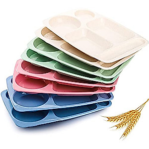 WUWEOT 8 Pack Divided Food Plates, 13.5" Wheat Straw Tray, 5-Compartment Unbreakable Fast Food Tray, Microwave Dishwasher Safe, BPA Free, Lightweight