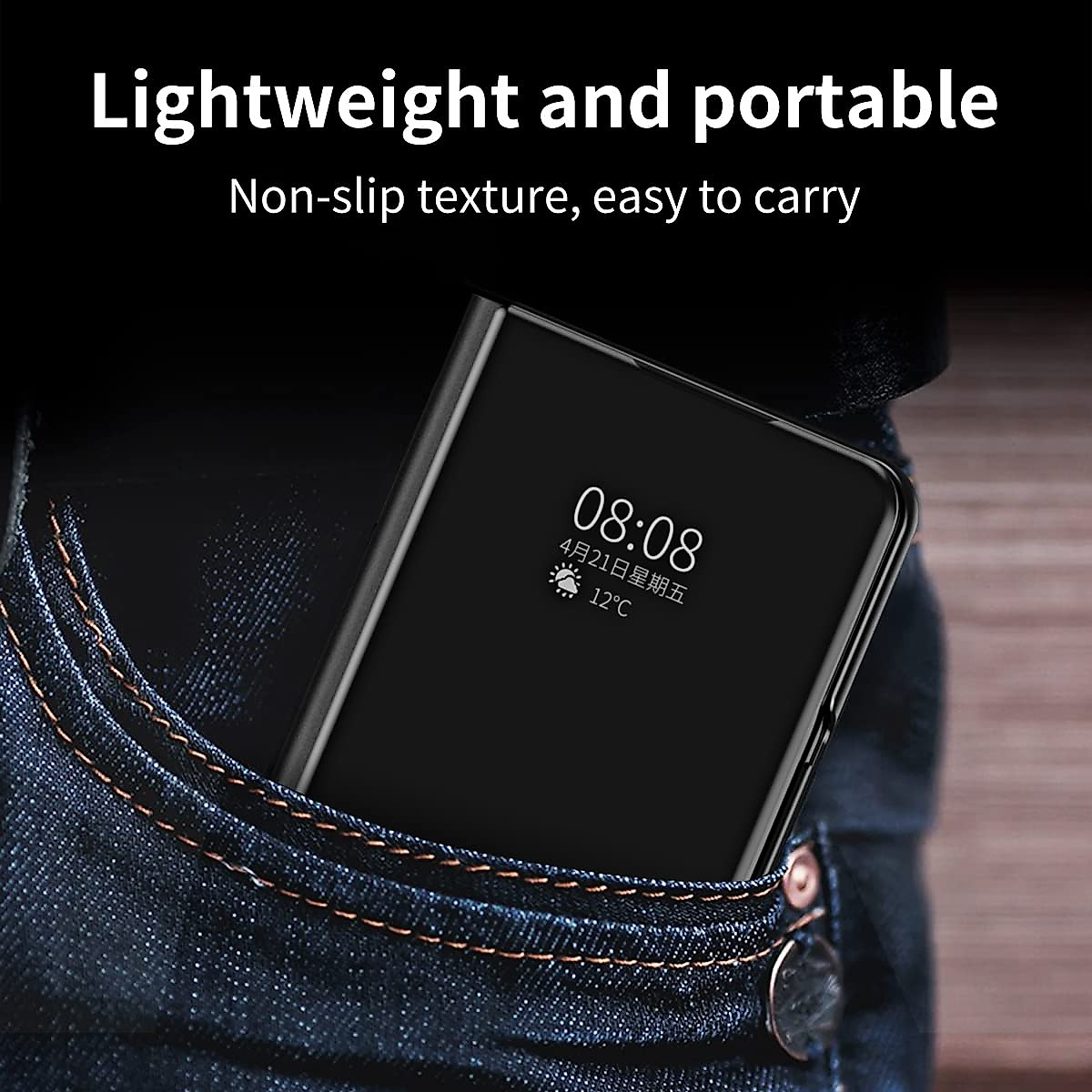 LCHDA Flip Folio Case for Samsung Galaxy Z Fold 5 5G, Noble Smart Clear View Makeup Mirror Plating Hard PC Vertical Kickstand Slim Fit PU Leather Full Body Protective Cover - Black