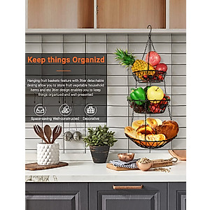 WILLIZTER 3 Tier Hanging Basket with Sturdy Metal Chain Hanging Hooks Fruit and Vegetable Basket Heavy Duty Wire Organizer Space Saving Rustic Country Style Kitchen Storage