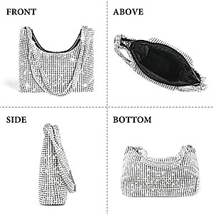 OSDUE Rhinestones Evening Bag, Full Rhinestone Bucket Bag, Glitter Evening Bag, Crystal Zipper Shoulder Bag for Wedding, Party, Club, Prom, Casual Date (Silver)