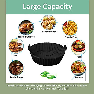 HOMETOPIA (Pack of 3) 2 Air Fryer Silicone Liners 8″&6.5″, 1 Tong, Nonstick & Reusable Baking Tray Oven Accessories, Replacement of Flammable Parchment Paper, Suitable for 3-5 QT Air Fryer (Black)