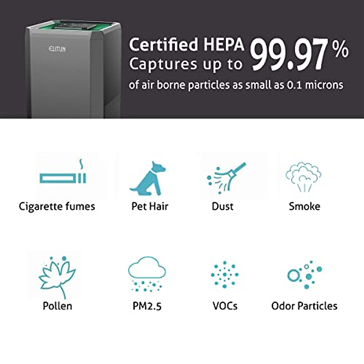 Home Air Purifier for Bedroom Baby Room Living Room Kitchen and Office, Quiet Air Cleaner with H13 True HEPA Filter, Removes Smoke Pet Dander Pollen Dust Odors, 100% Ozone Free