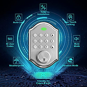 NeuType Keypad Deadbolt Electronic Keyless Entry Door Lock with Handle, Front Door Lock Set with Keypad, Auto Lock, 1-Touch Locking, 50 User Codes, Easy to Install (Traditional, Satin Nickel)
