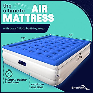 EnerPlex Queen Air Mattress with Built-in Pump - 13 Inch Double Height Inflatable Mattress for Camping, Home & Portable Travel - Durable Blow Up Bed with Dual Pump - Easy to Inflate/Quick Set Up﻿