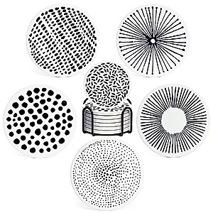 WYLHXYQQ Absorbent Ceramic Coaster，Drink Coasters Set of 6， with a Bracket, Cork Base, Heat Resistant Coaster, Suitable for Home, Kitchen, Bar, Office, Birthday Gift (Black and White dot)
