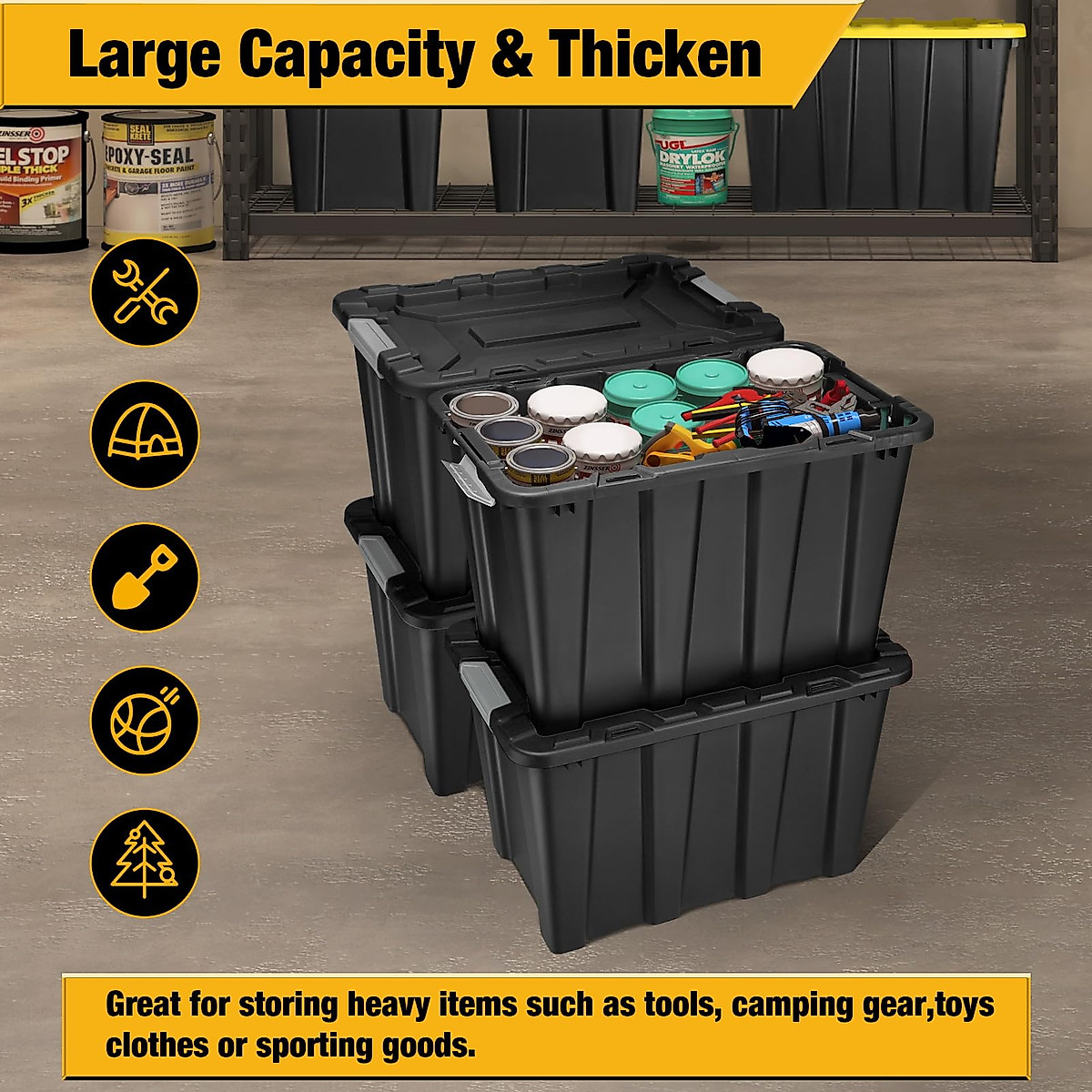 BROVIEW V12 11Gal Heavy Duty Plastic Storage Bins with Latching Lids, Stackable Tough Tote Storage Box Containers with Lock Hole & Handle for Garage Workshop Metal Rack (Black Base/Blue Lid, 4Pack)