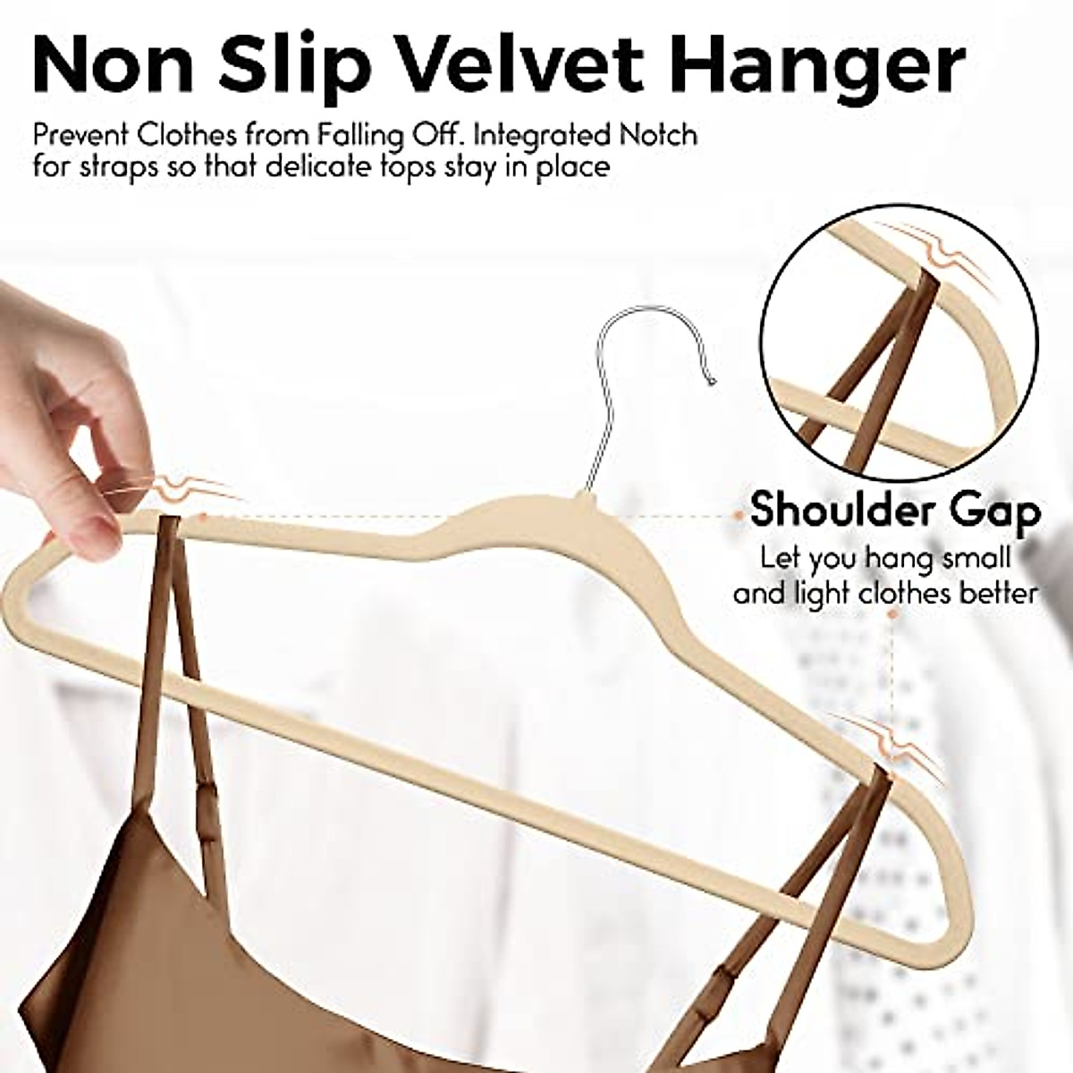 TECHZOO 50 Pack New Premium Quality Velvet Hangers Ultra Thin Non Slip Adult Felt Space Saving Hangers for Closet Heavy Duty Coat Pants Jackets Dress Hangers 360° Swivel Hook Hold Upto 10 lbs Ivory