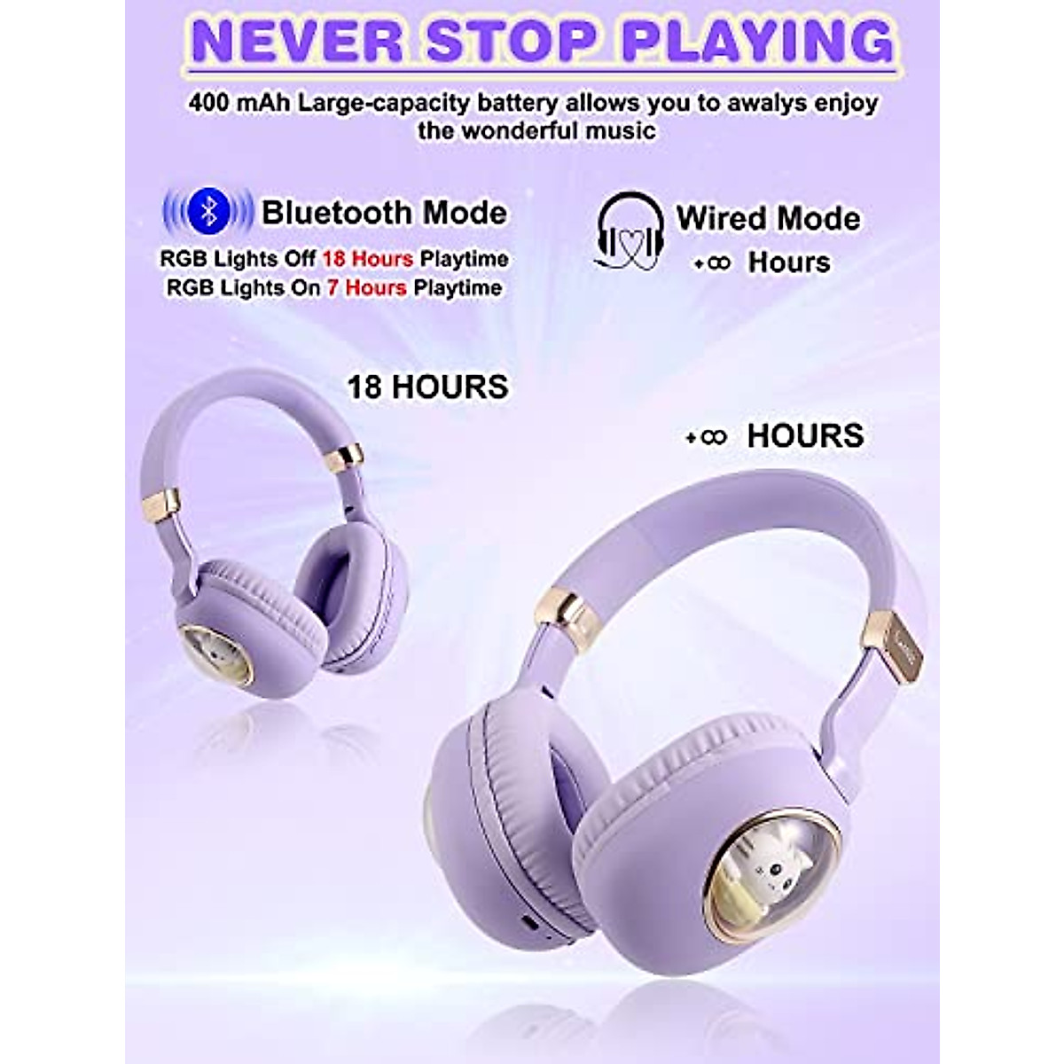 Usoun Kids Wireless Headphones, Bluetooth Over Ear Headphones with Cute Cat Colorful LED Lights,Wireless&Wired,Foldable,Build-in Mic,Bluetooth Headphones for Kids Girls Teens Adults,School (Purple)