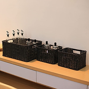 HOONEX Large Wicker Baskets for Storage, Woven Plastic Baskets for Organizing with Dual Handles, Baskets for Storage, Set of 3, Black