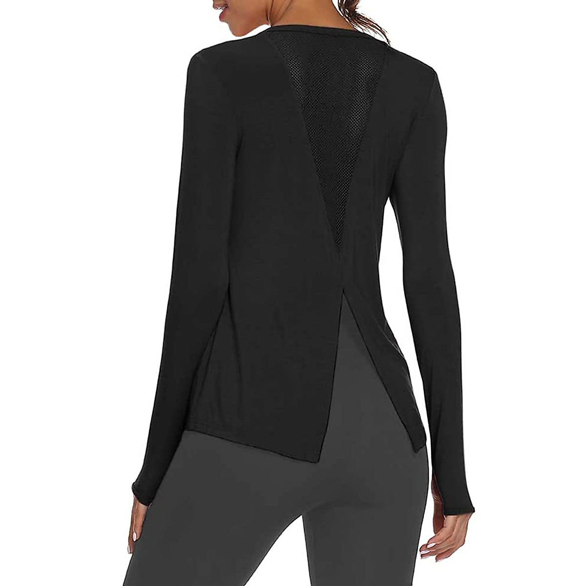 Mippo Long Sleeve Wokout Shirts for Women Yoga Tops Tie Back Tank Tops Thumb Hole Shirts Backless Tops Gym Sweater Workout Clothes Sports Active Exercise Wear for Women 2022 Black L