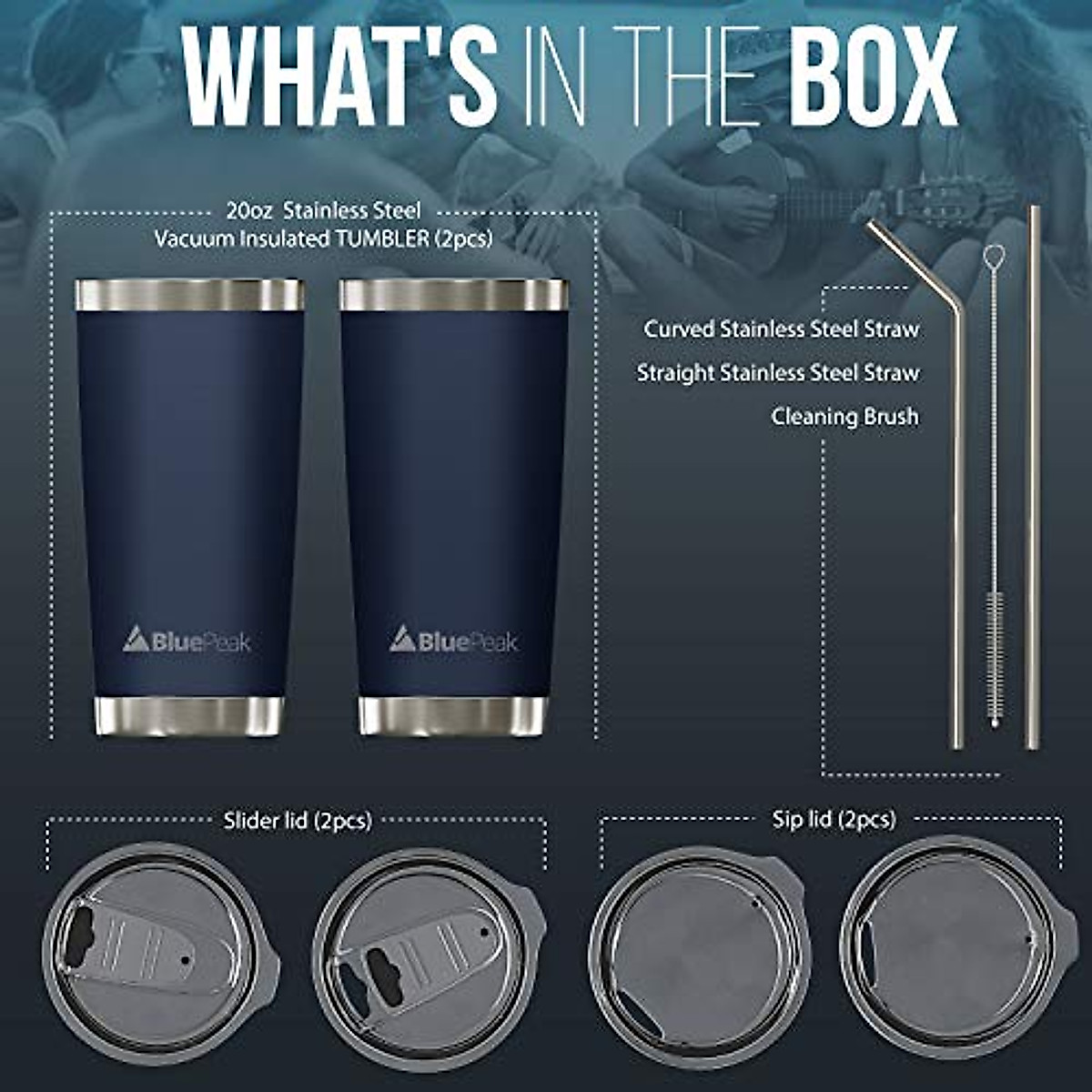 BluePeak Double Wall Stainless Steel Insulated Tumbler Set, 2-Pack, Includes Sipping Lids, Spill-Proof Sliding Lids, Straws, Cleaning Brush & Gift Box (20oz, Navy)