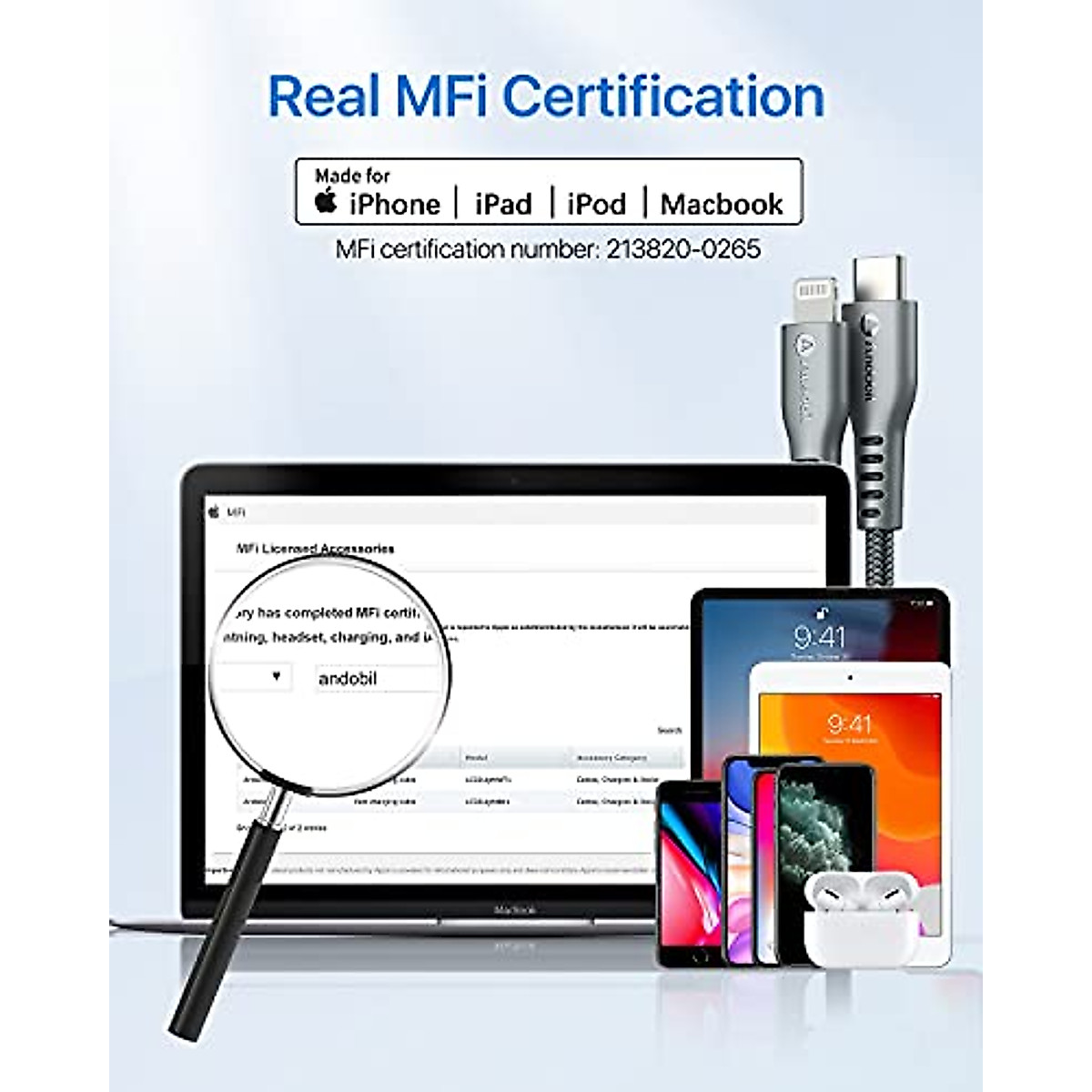 andobil [Military-Grade] Nylon USB C to Lightning Cable 6FT, [20W PD Fast Charging] Apple MFi Certified iPhone Charger Cord Compatible with iPhone 14 13 12 Pro Max iPad AirPods and More