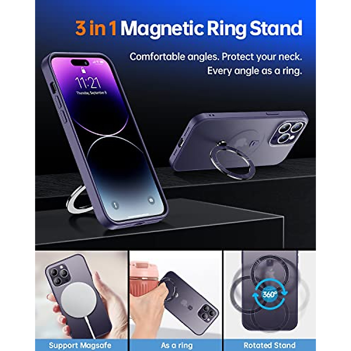 FACBINY Magnetic Kickstand Case Designed for iPhone 14 Pro Max [360° Rotatable Ring Stand Holder] [Compatible with MagSafe] [Military-Grade Protection] Translucent Shockproof Phone Case, Purple