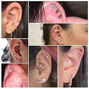 Jewseen 14KT Real Yellow Gold Solitaire Cubic Zirconia Cartilage Earrings 16g Flower Design Helix Stud Rings Solid Gold Tragus Conch Ear Piercing