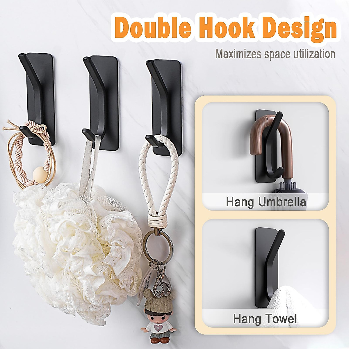 FANTEXY 3 Packs Adhesive Hooks, Towel Hooks Wall Hooks Self Sticking, Black Adhesive Coat Hooks Heavy Duty Stainless Steel, Bathroom Bedroom Kitchen Wall Towel Hooks for Hanging Robe Clothes Purse Hat