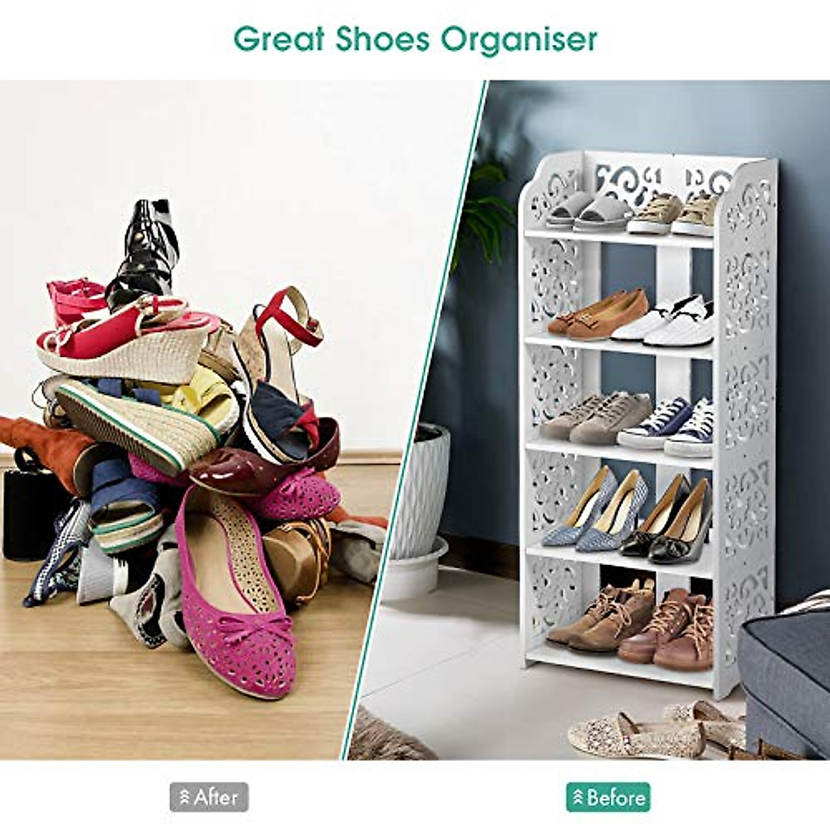 Yosooo 5 Tier Wood Plastic Carved Shoe Rack,White Shoe Cabinet Tall CD Display Storage Organizer Stand Bookshelf