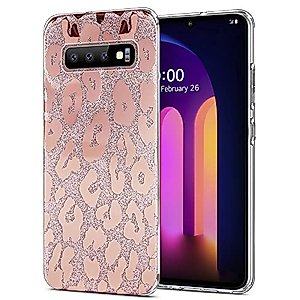 J.west Compatible with LG V60 ThinQ Case 5g, Luxury Saprkle Bling Glitter Leopard Print Design Soft Metallic Slim Protective Phone Cases for Women Girls Clear TPU Bumper Silicone Cover Case Rose Gold