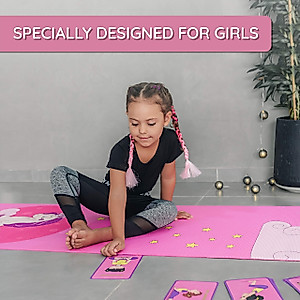Kids Yoga Mat Set - Fun Unicorn Yoga Mat for Girls - Comfortable - Chemical Free - Non-Toxic - Non-Slip - 60 X 24 X 0.2 Inches - w/ 12 Yoga Cards for Kids - Carrier Bag with Strap - Pink - Ages 4-12