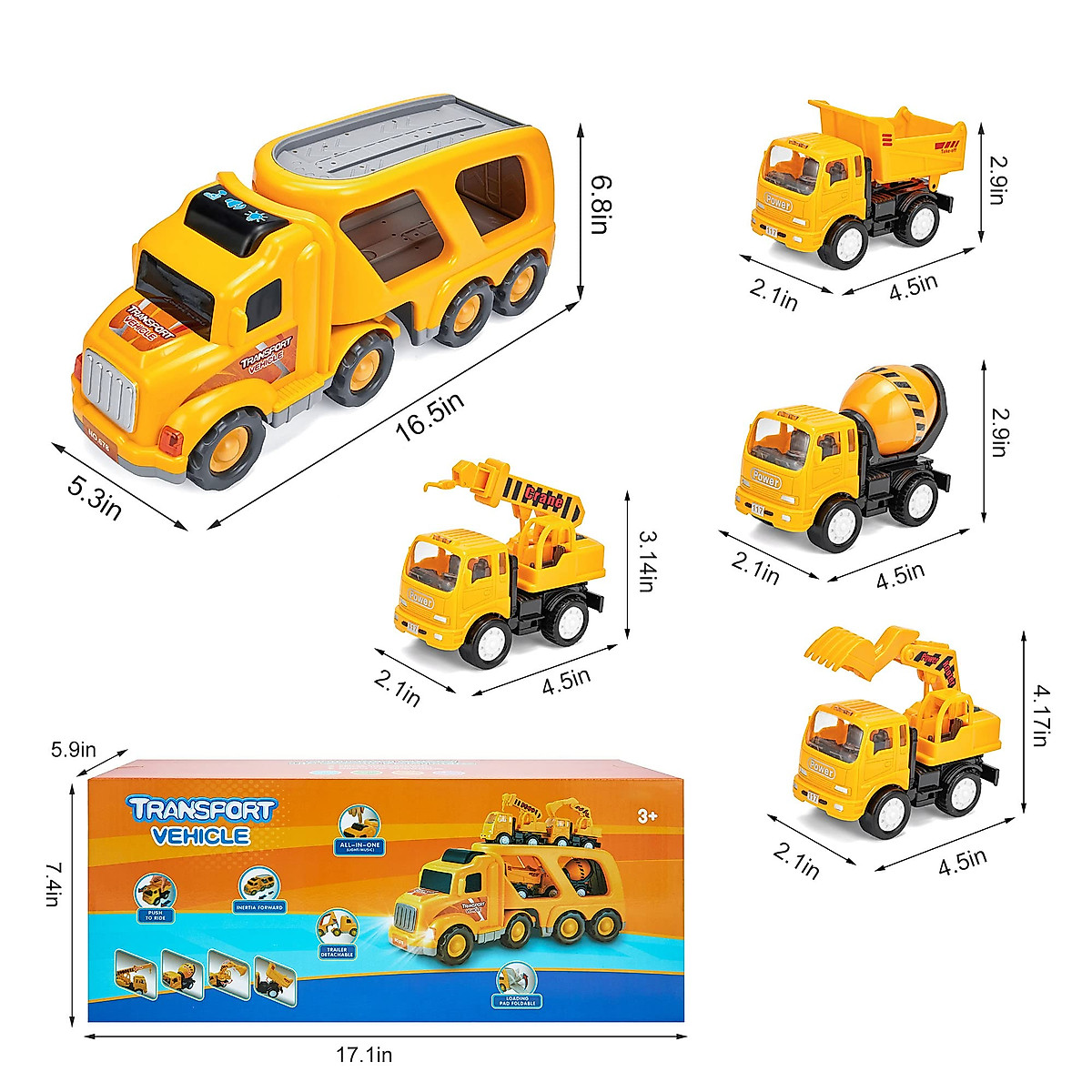 Kids Construction Trucks Toys for 3 4 5 6 Years Old Toddlers Kids, Car Toys Set with Sound and Light, Toy Vehicles in Friction Powered Carrier Truck, Christmas Birthday Gifts for Boys and Girls