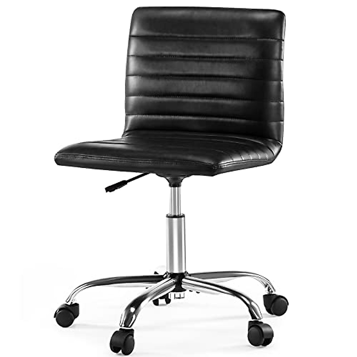 JHK Armless Modern Office Desk Chairs, Low Back Ribbed PU Leather Home Task Chairs for Small Space, Living Room, Studying, Height Adjustable 360-Degree Swivel Rolling Vanity Chair with Wheels, Black