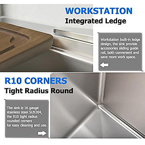 33-inch Drop in Kitchen Sink Workstation, BoomHoze 33x19 Topmount Drop-in Kitchen Sink 16 Gauge Stainless Steel Kitchen Sink Handmade Single Bowl Deep Kitchen Sink with Cutting Board