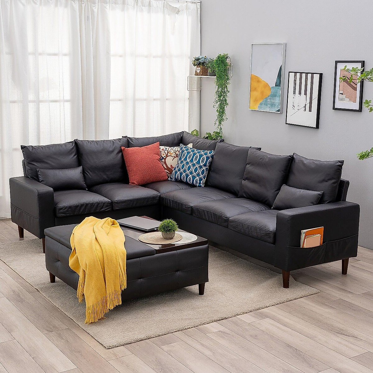 Panana 6 Seats Fuax Leather Large SECTIONAL Corner Sofa Settee - Sofa for Living Room-Left/Right-Hand Side Sofas, Black