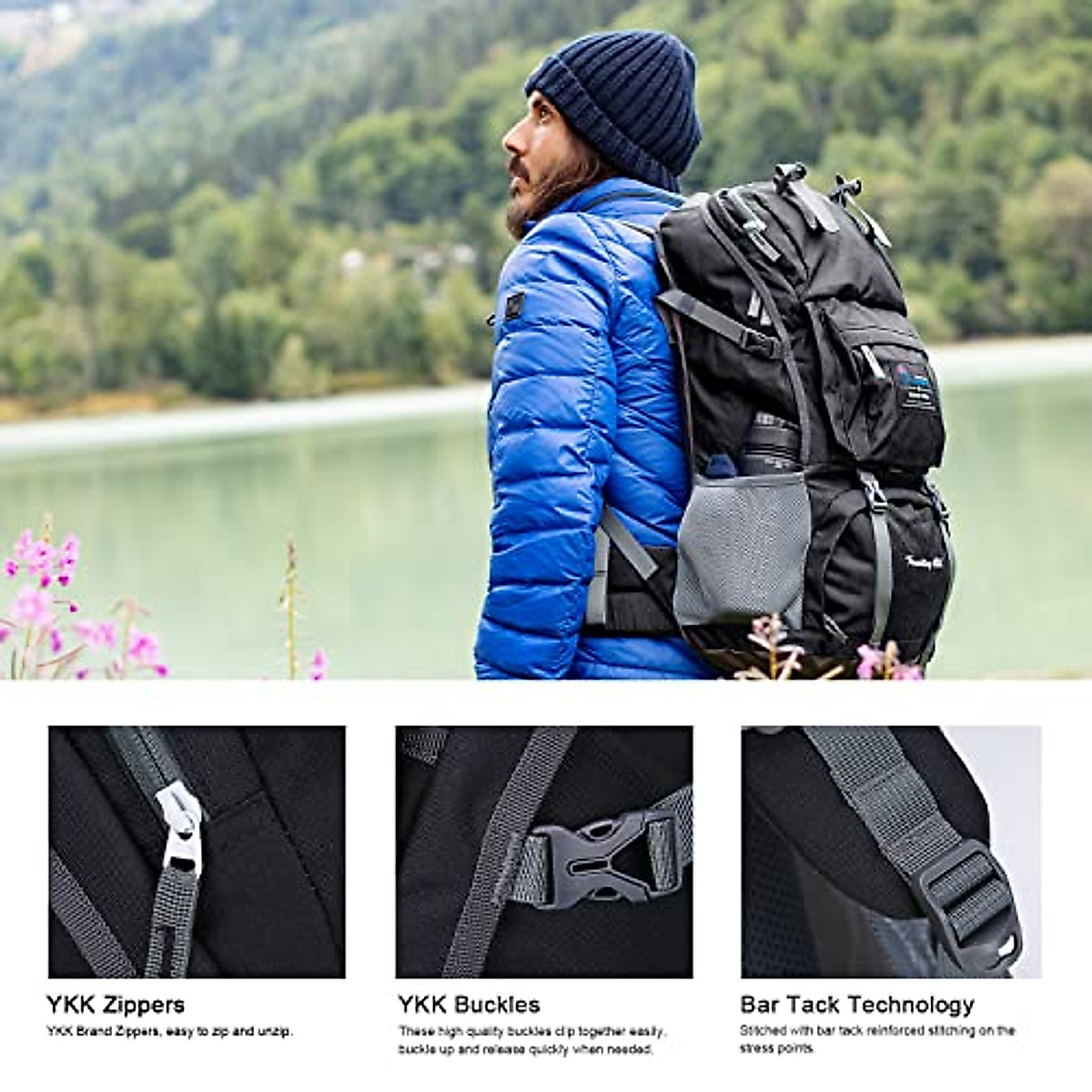 MOUNTAINTOP 40L Hiking Backpack with 3L Hydration Bladder for Women & Men Outdoor Travel Camping Day Pack with Rain Cover, 21.7 x 13 x 7.9 in,Black