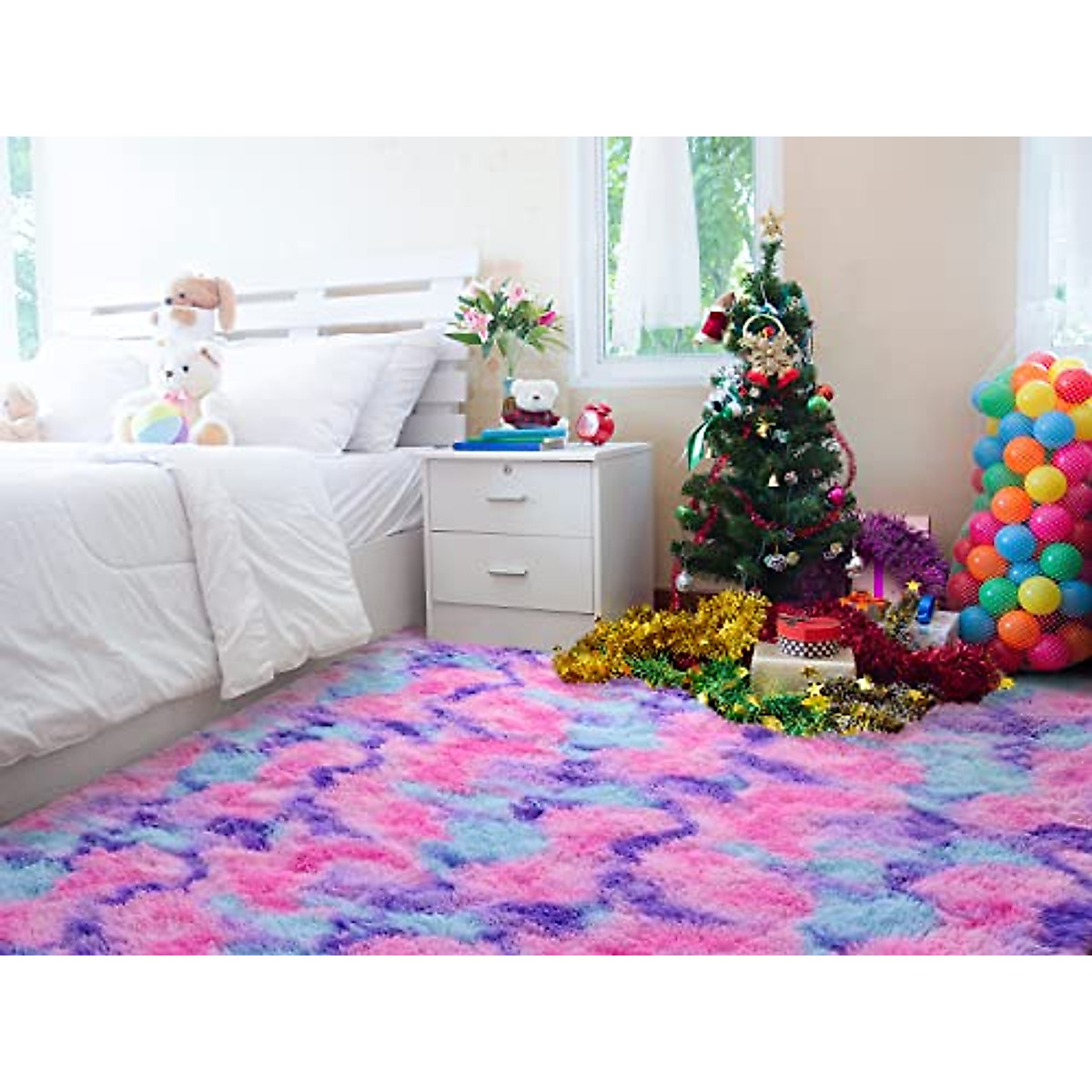 HOMORE Soft Fluffy Rug for Bedroom, Tie Dye Rugs for Living Room, Non Slip Shaggy Plush Carpet for Kids Nursery Toddler, 4x6 Feet Area Rugs for Room Floor, Hot Pink