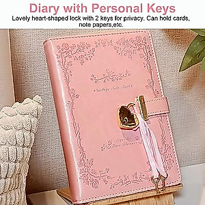 AtoZ Create Diary with Lock and Keys for Teen Girls 360 Pages Leather Heart Shaped Locking Journal (B6(7"*5"),Pink)